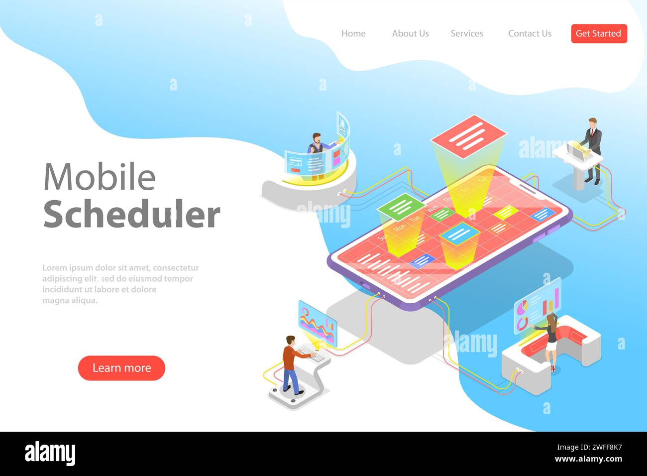 Flat isometric vector landing page template of mobile scheduler ...
