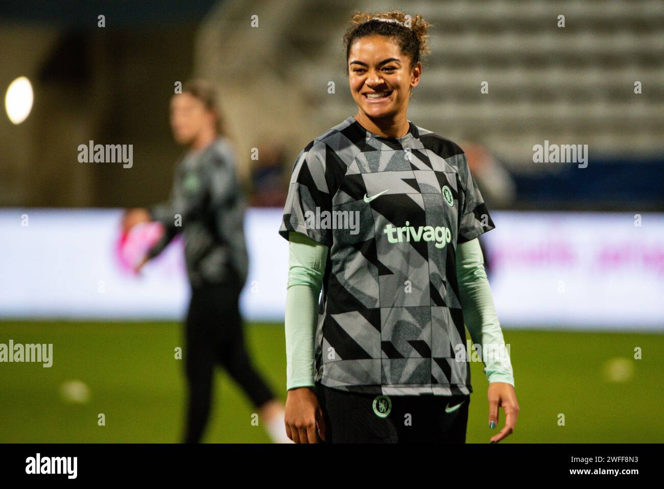 Jess Carter of Chelsea warms up ahead of the UEFA Women's Champions ...