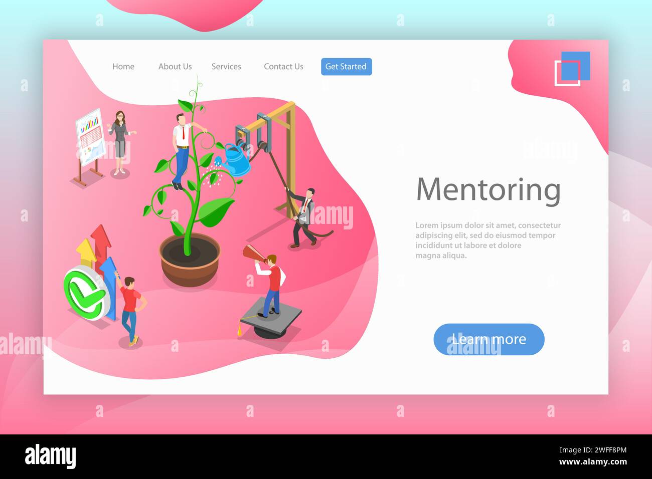 Isometric flat vector landing page of mentoring, guide to reach a goal ...