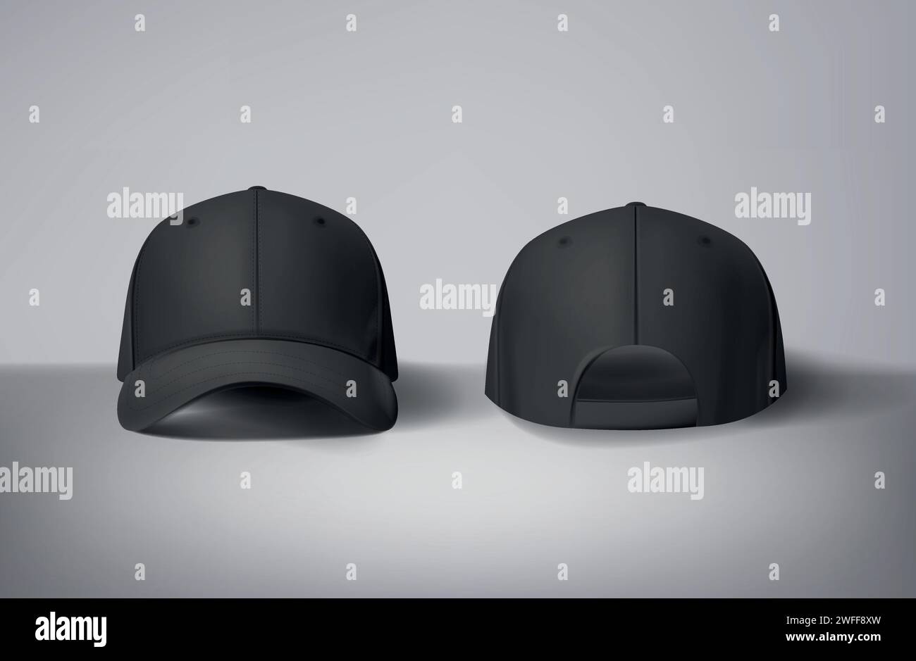 Black baseball caps mock up in gray background, front and back or ...