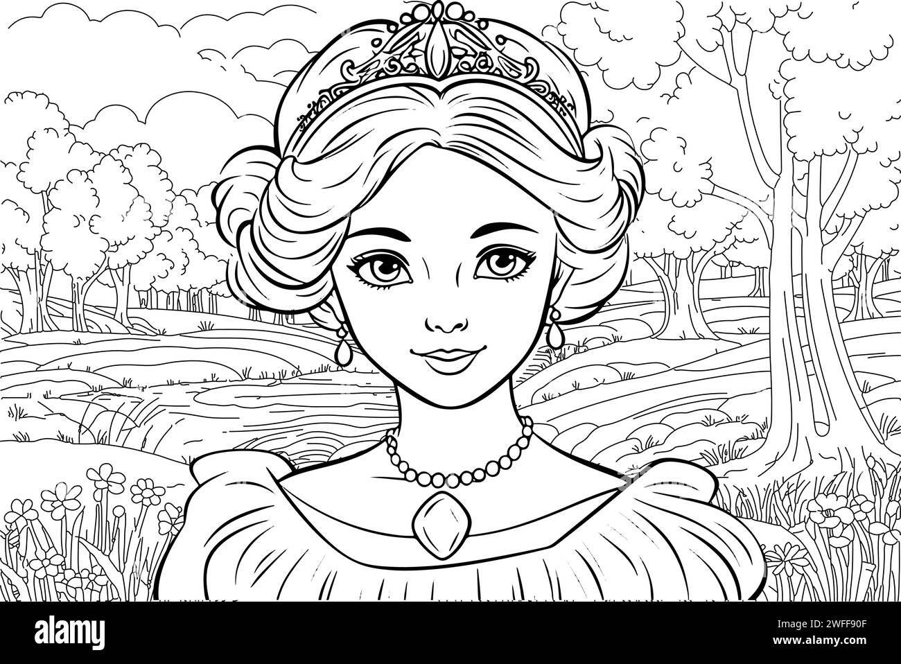 Young princess portrait coloring page. Outline black ink drawing ...