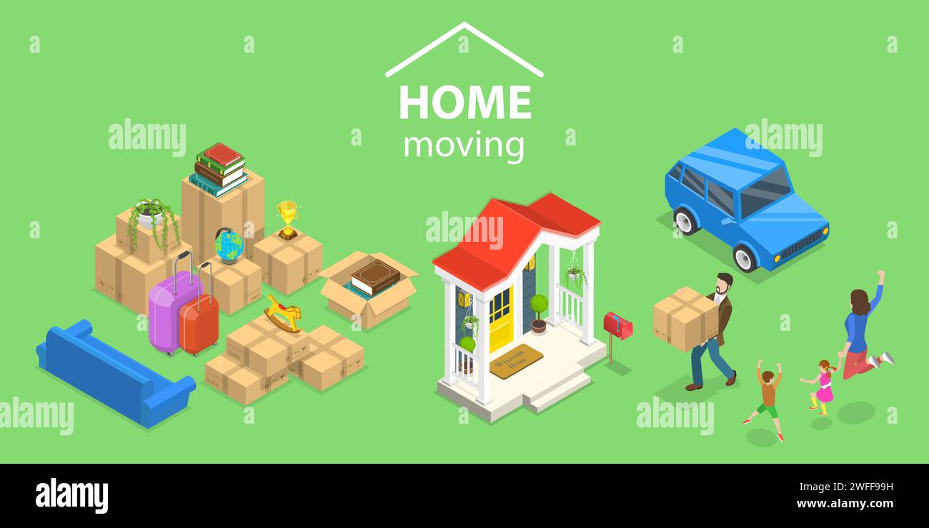 3D Isometric Flat Vector Conceptual Illustration of House Moving and ...