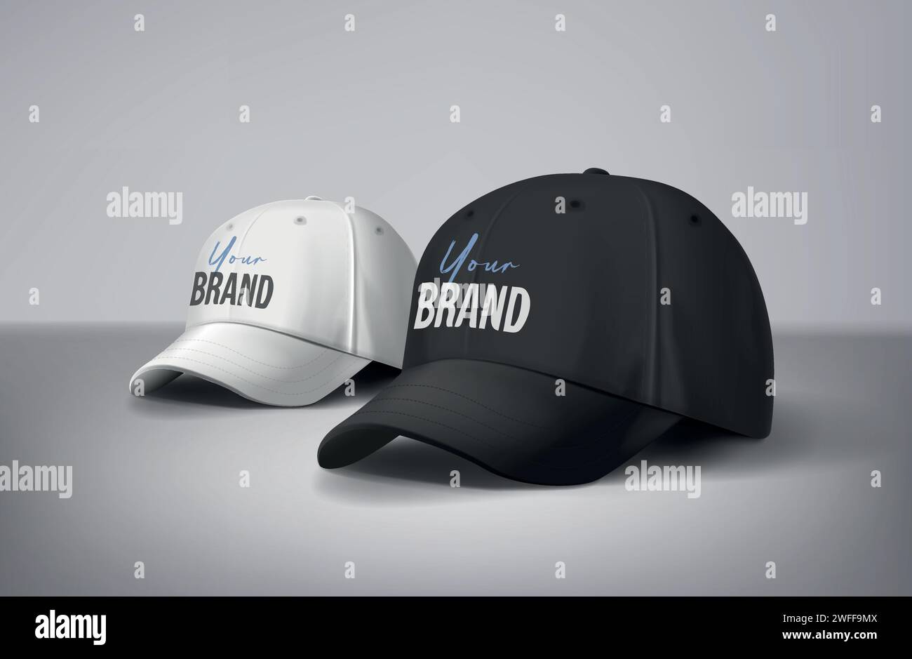 Black and white baseball caps mock up with logo in gray background, front sides. For branding ...