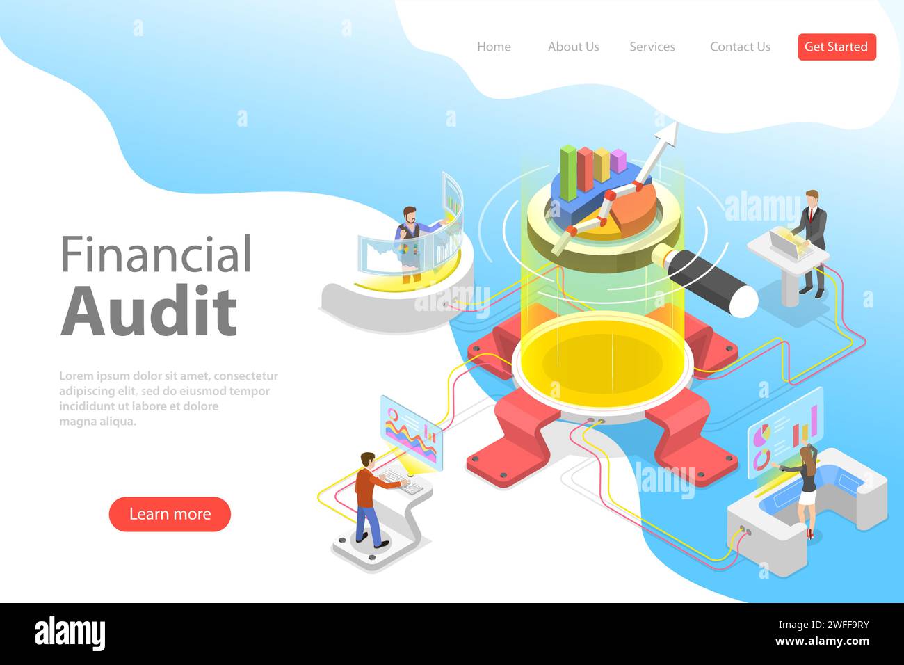 Flat isometric vector landing page template of financial audit service ...