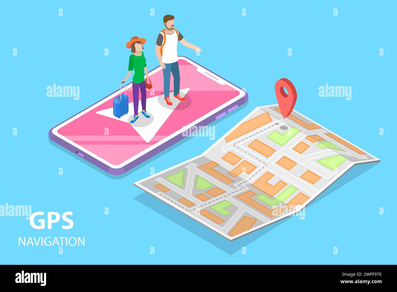 Isometric Flat Vector Concept Of Mobile Pgs Navigation City Map Online Geolocation Stock