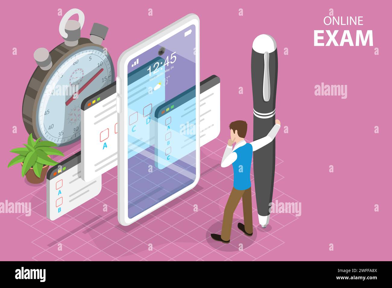 3D Isometric Flat Vector Concept of Online Exam, Questionnaire Form, Online Education, Survey or ...