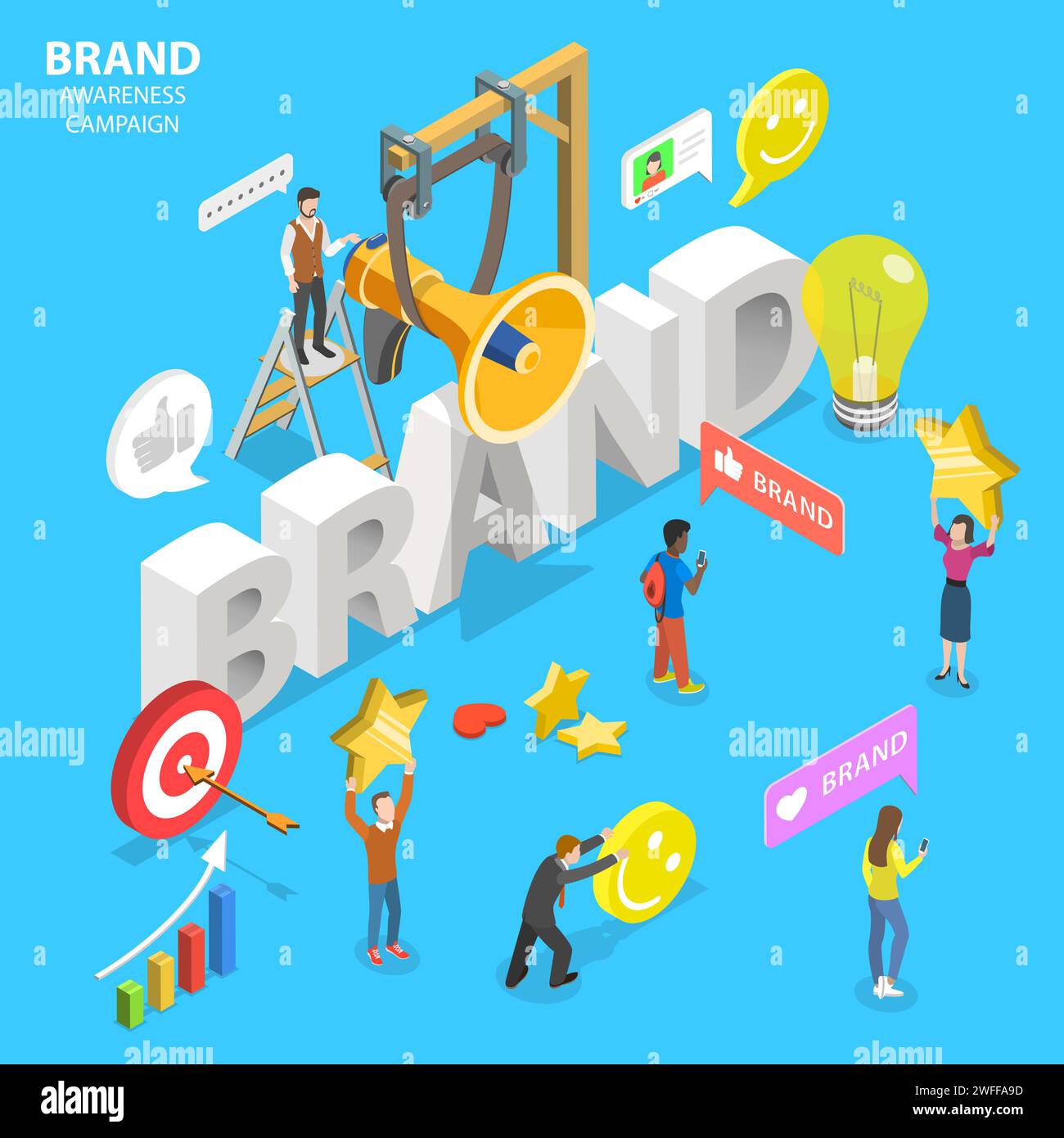 Isometric flat vector concept of brand awareness campaign, online ...