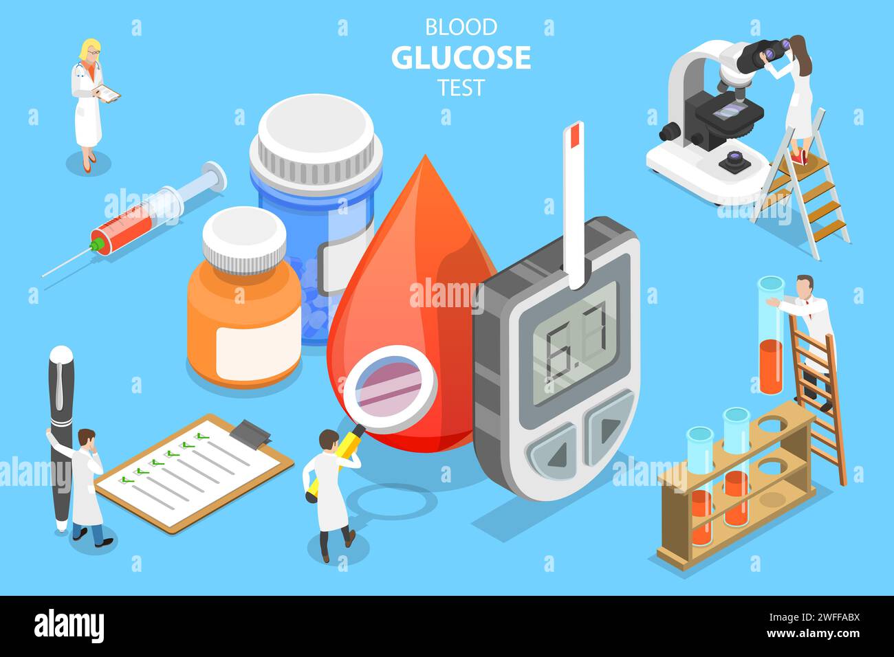 3D Isometric Flat Vector Concept of Blood Glucose Testing, Glucometer ...