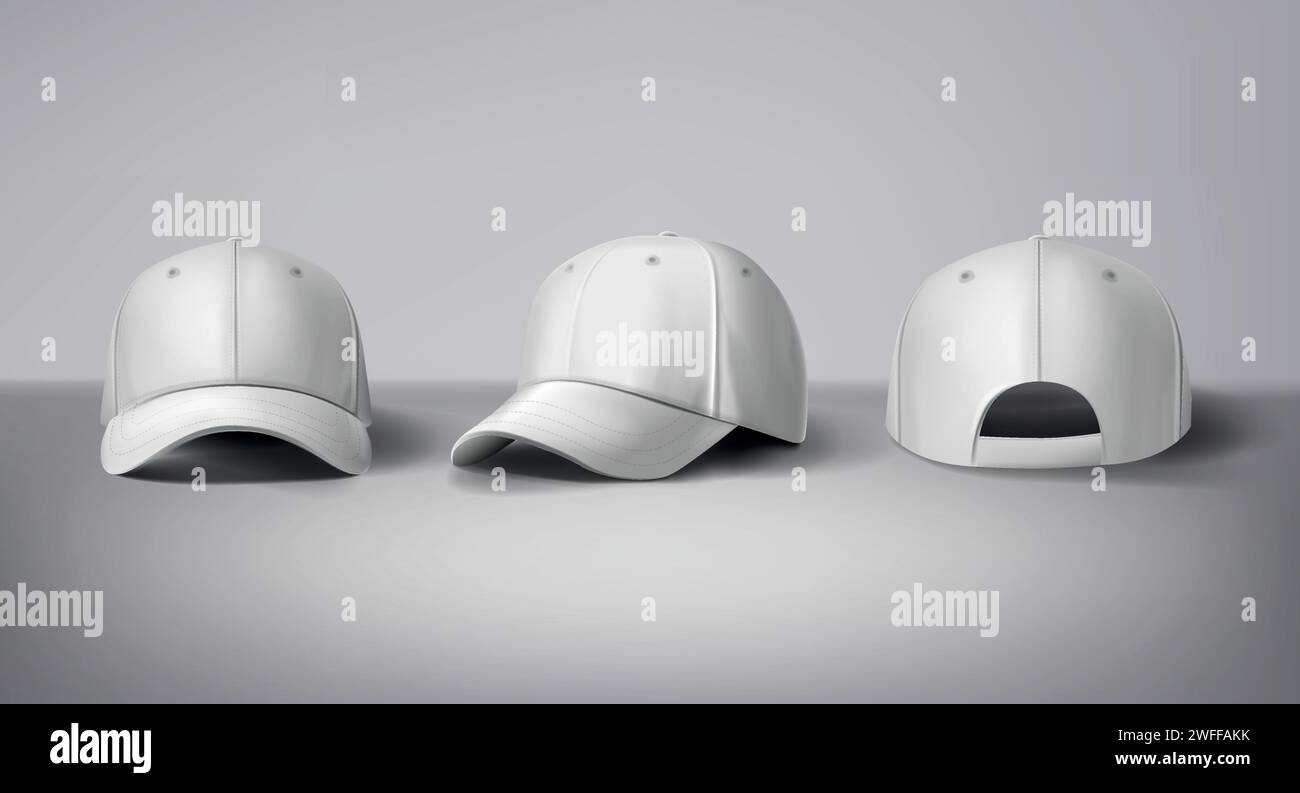 White baseball caps mock up a gray background, front and back or ...
