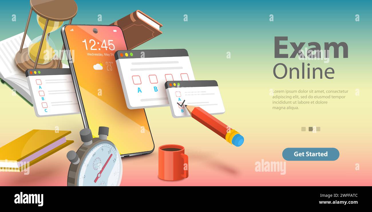 Online Exam, Internet Quiz or Survey, Distant Education, Questionnaire Form. 3D Isometric Flat ...