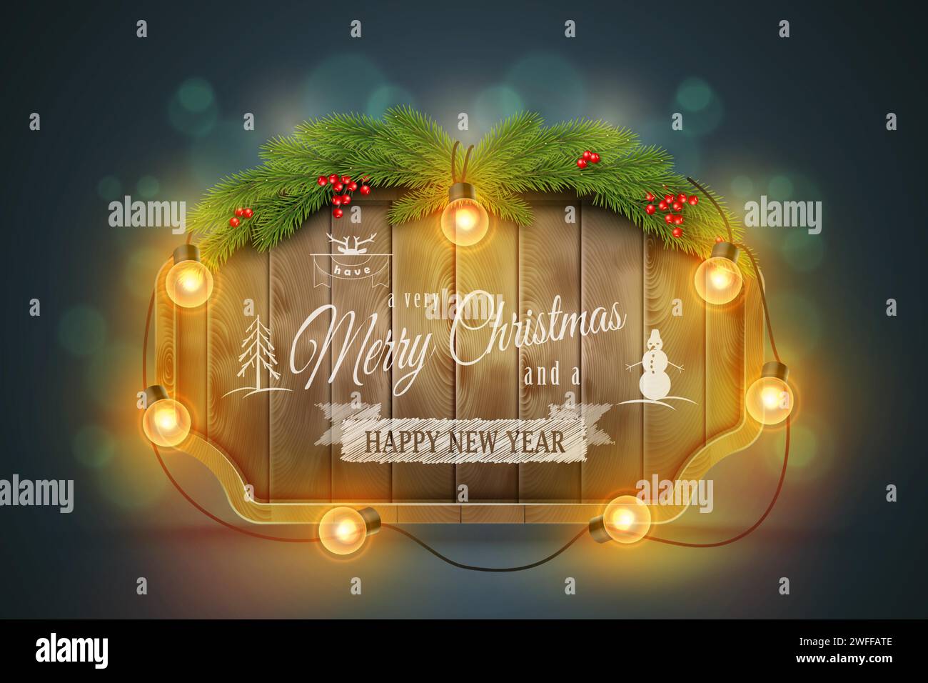 Wooden Christmas Board With Pine Branches, Light Bulbs and Holiday ...