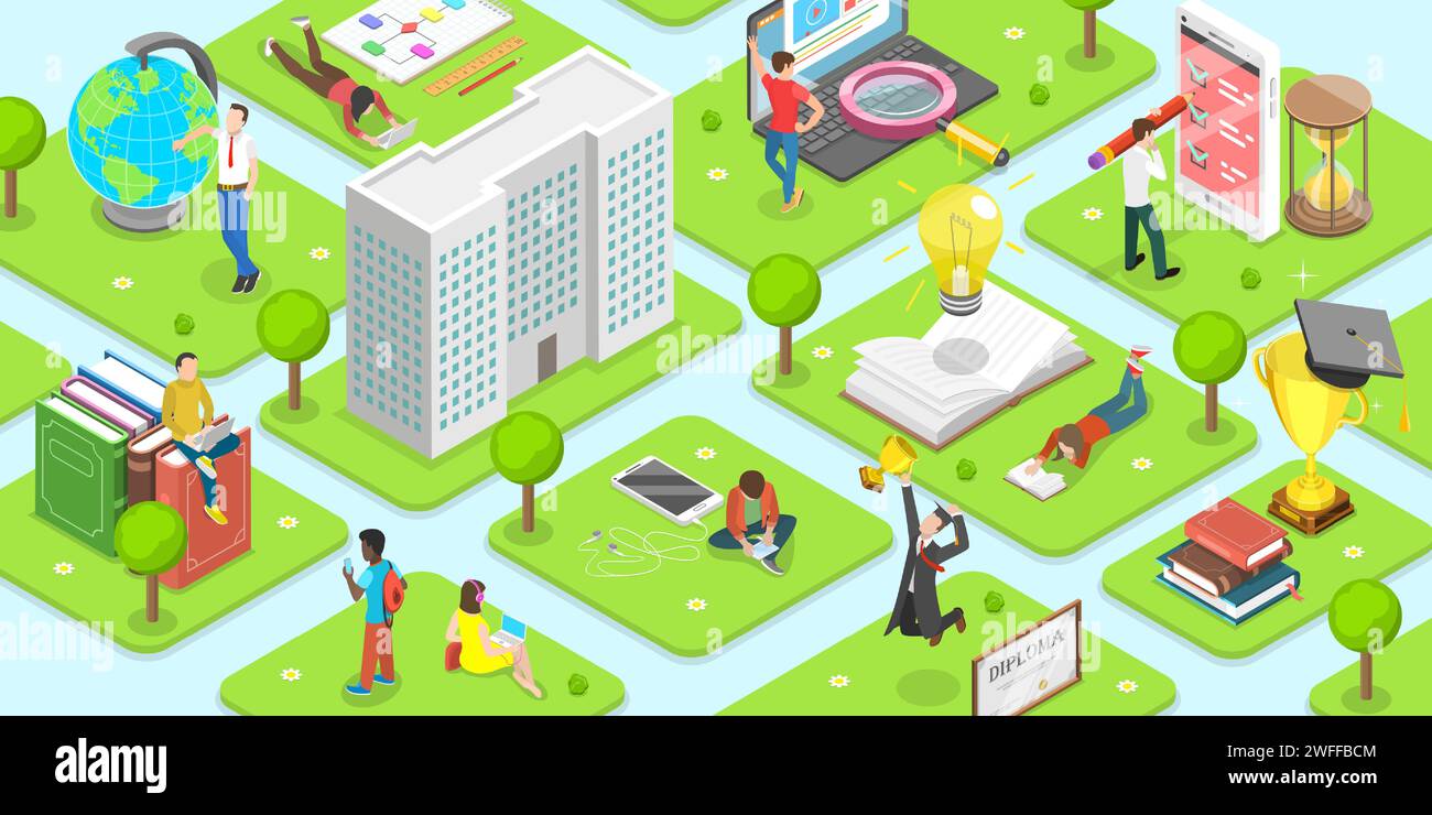 Flat Isometric Vector Concept of Campus. Students are Spending Their ...