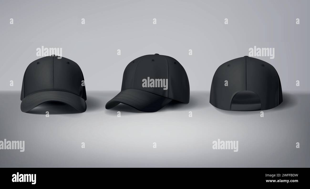 Black baseball caps mock up in gray background, front and back or ...