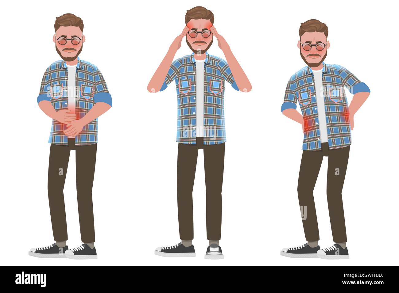 Set of Sick Man with Pain in Different Parts of the Body and ...