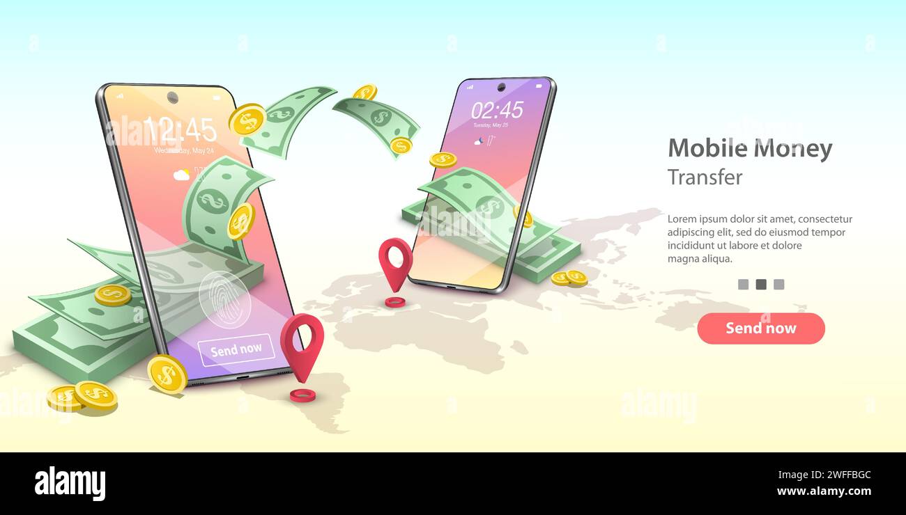 Vector concept illustration of mobile money transfer. Two smartphones ...