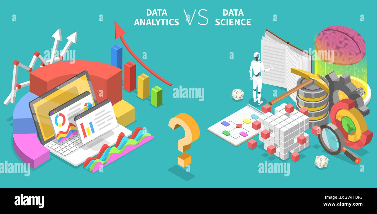 Comparison of Data Analytics and Data Science. 3D Isometric Flat Vector ...