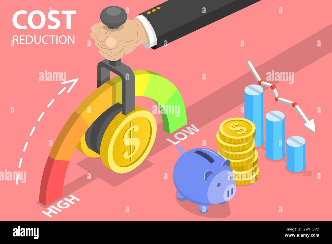 3D Isometric Flat Vector Conceptual Illustration of Cost Reduction, Price Minimising, Dollar ...
