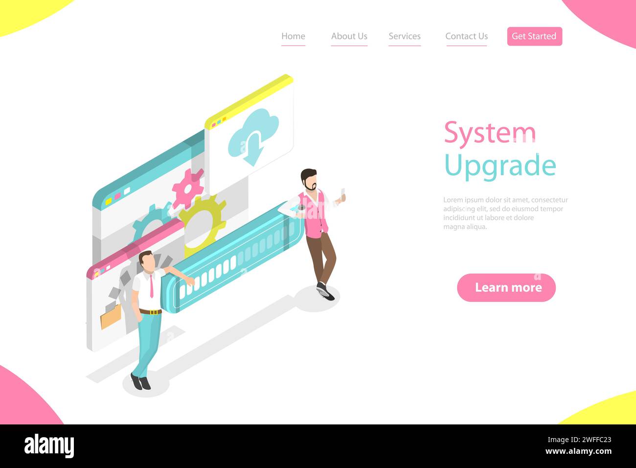 Isometric flat vector landing page template of data transfer process, system upgrade, file ...