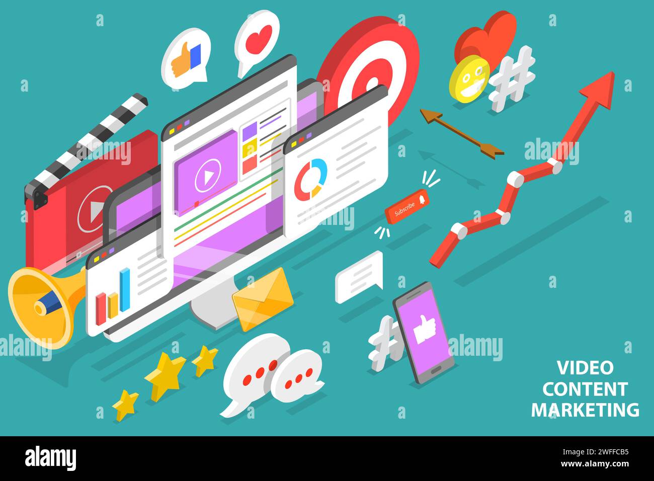 3D Isometric Flat Vector Conceptual Illustration of Video Content Marketing Campaign, Internet ...