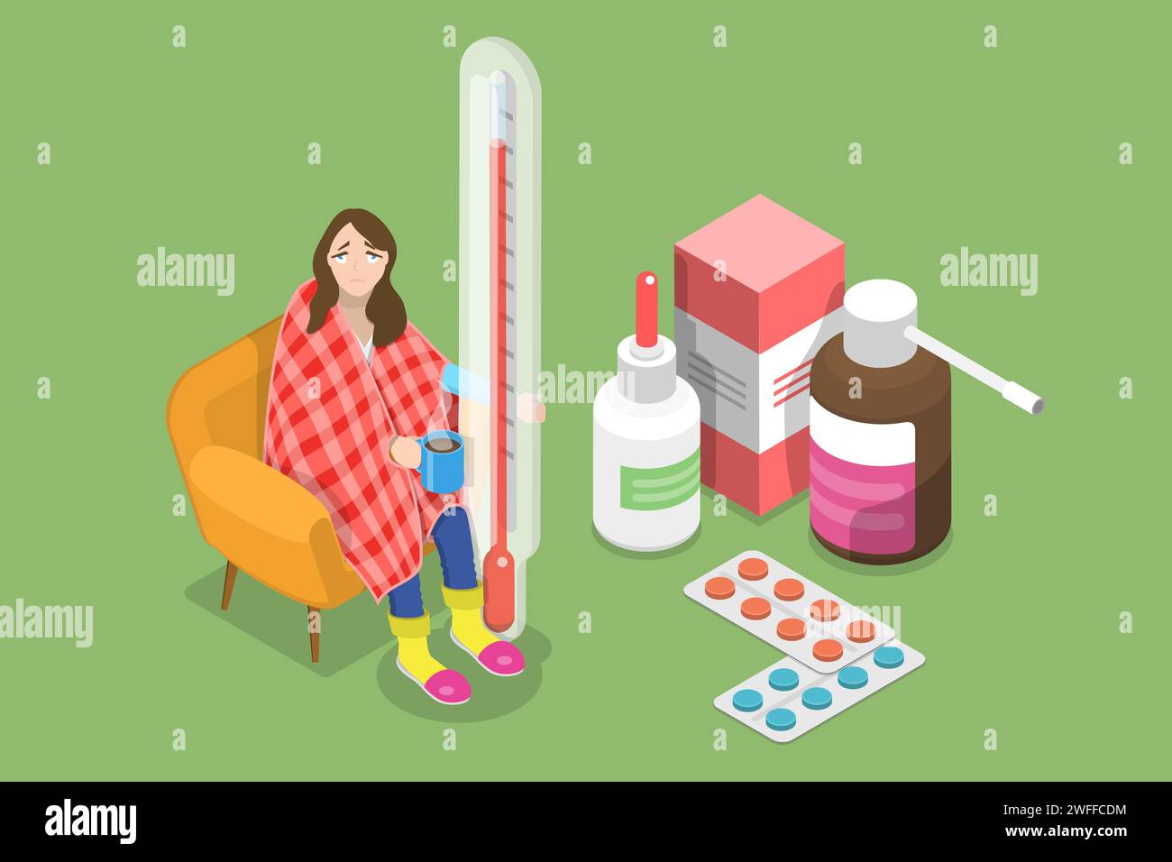 3D Isometric Flat Vector Conceptual Illustration of Sad Sick Woman ...