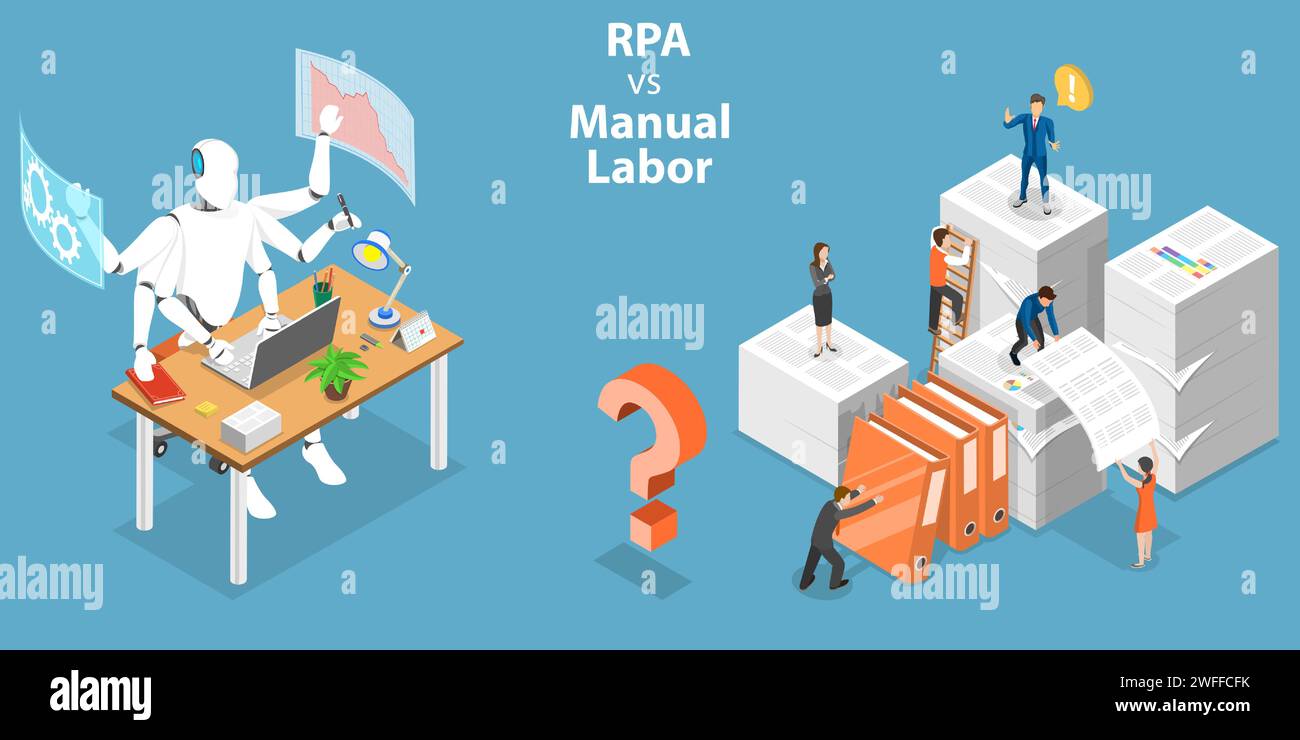 3D Isometric Flat Vector Conceptual Illustration of RPA vs Manual Labor ... 3D Isometric Flat Vector Conceptual Illustration of RPA vs Manual Labor ...