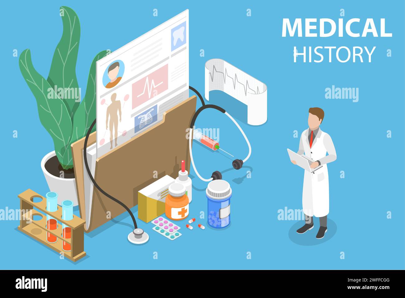 3D Isometric Flat Vector Conceptual Illustration of Mecial History, Health Record, Doctor's ...