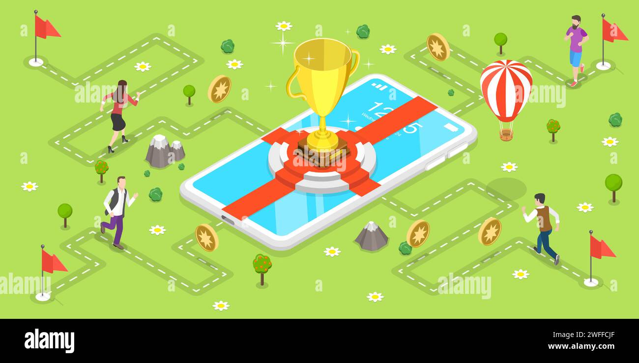 3D Isometric Flat Vector Concept of Mobile Gaming, Gamification Marketing Campaign, Interactive ...