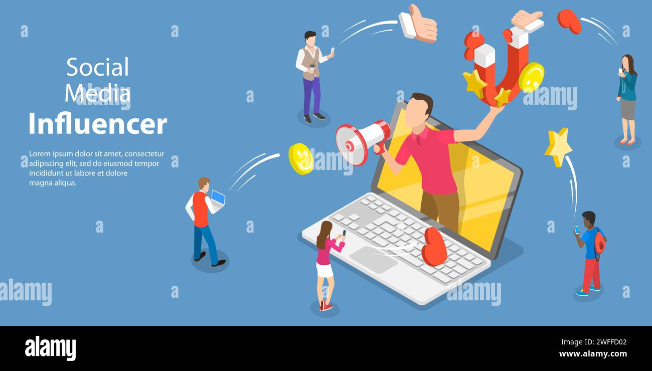 3D Isometric Flat Vector Conceptual Illustration of Social Media Influencer, Promotional ...