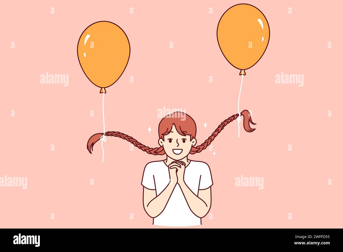 Funny little girl with balloons tied to braids folds palms, making ...