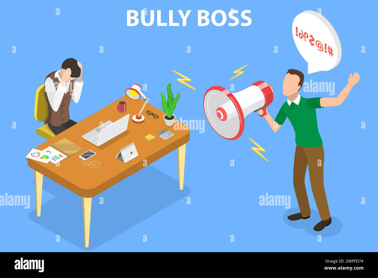 3D Isometric Flat Vector Conceptual Illustration of Bully Boss, Workplace Bullying and ...