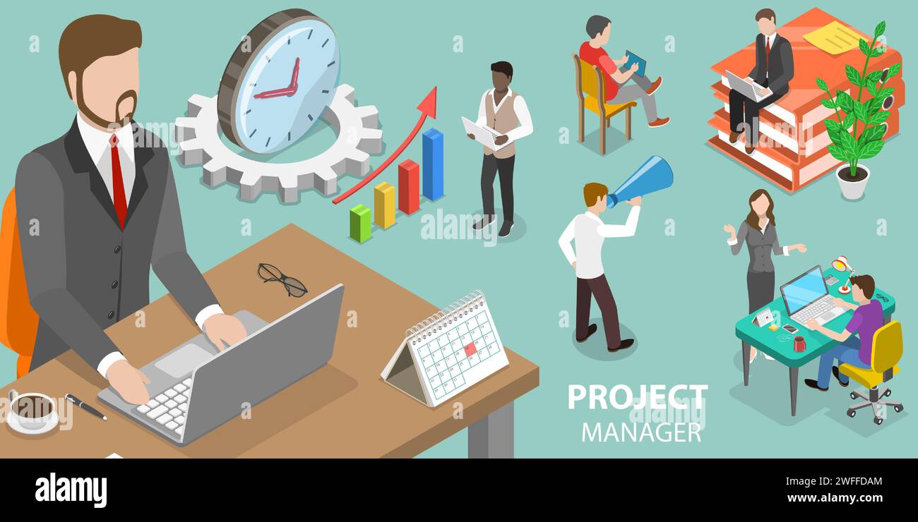 3D Isometric Flat Vector Conceptual Illustration of Project Management, Leadership and ...