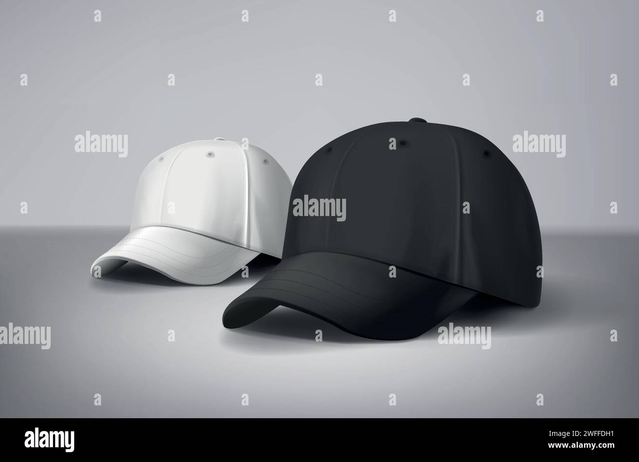 Black and white baseball caps mock up in gray background, front and ...