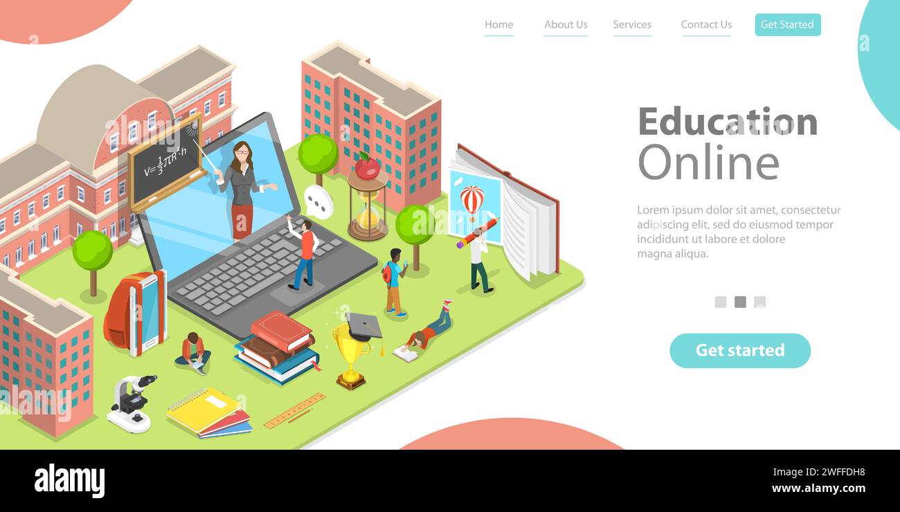 3D Isometric Flat Vector Landing Page Template of Distant School ...