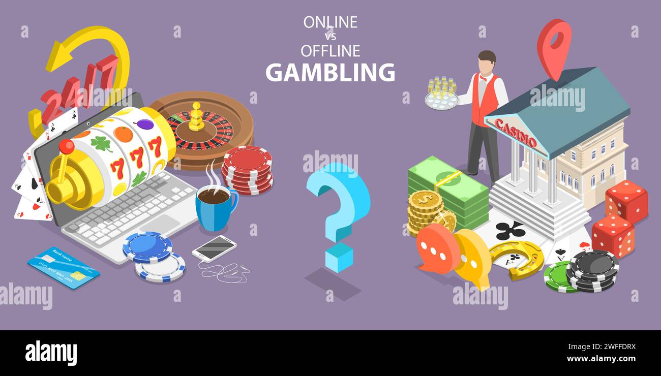 Online Gambling vs Traditional Gambling, Pros and Cons. 3D Isometric ...