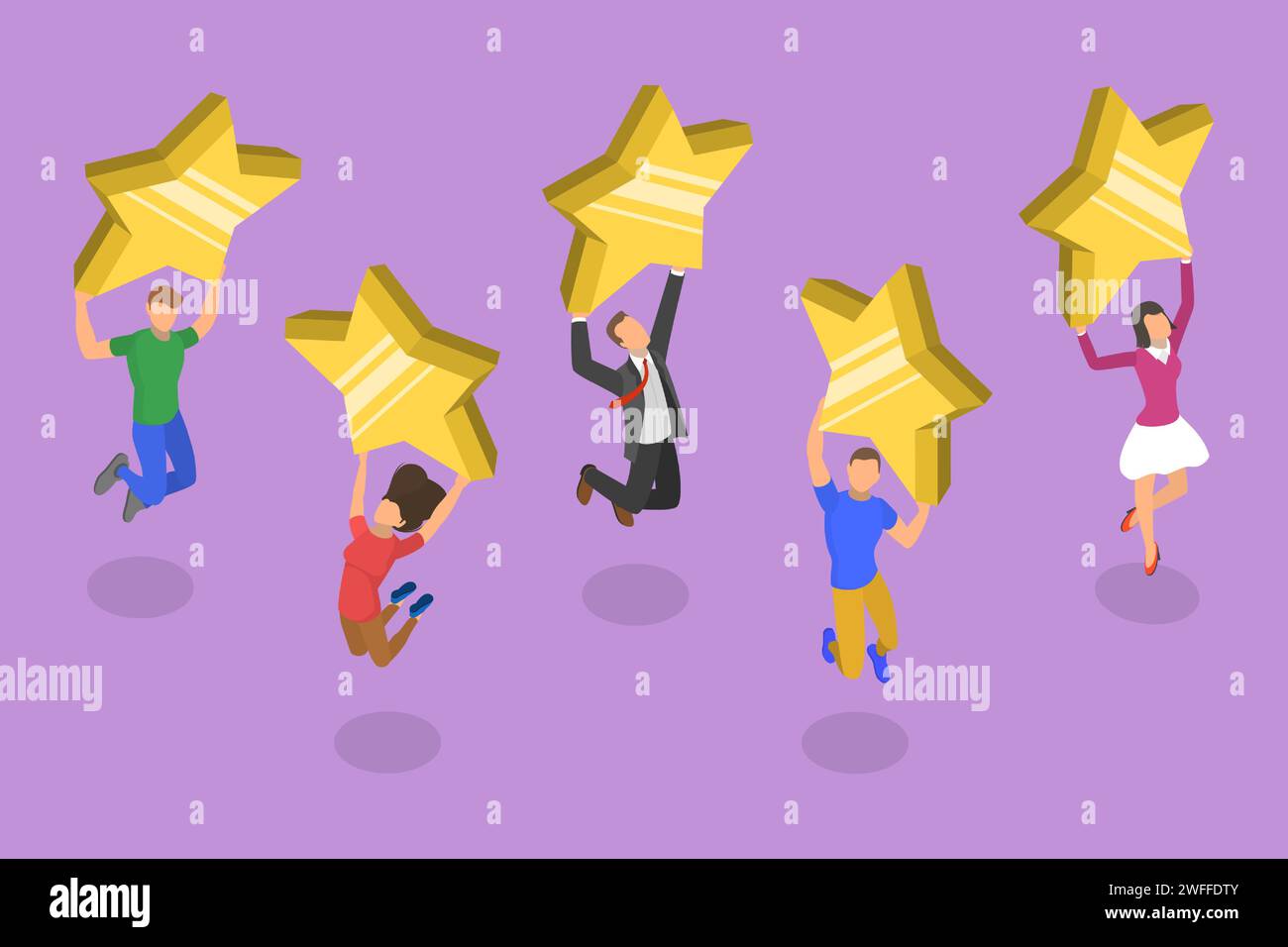 3D Isometric Flat Vector Conceptual Illustration of Customer Satisfaction and Reveiw, Five Stars ...