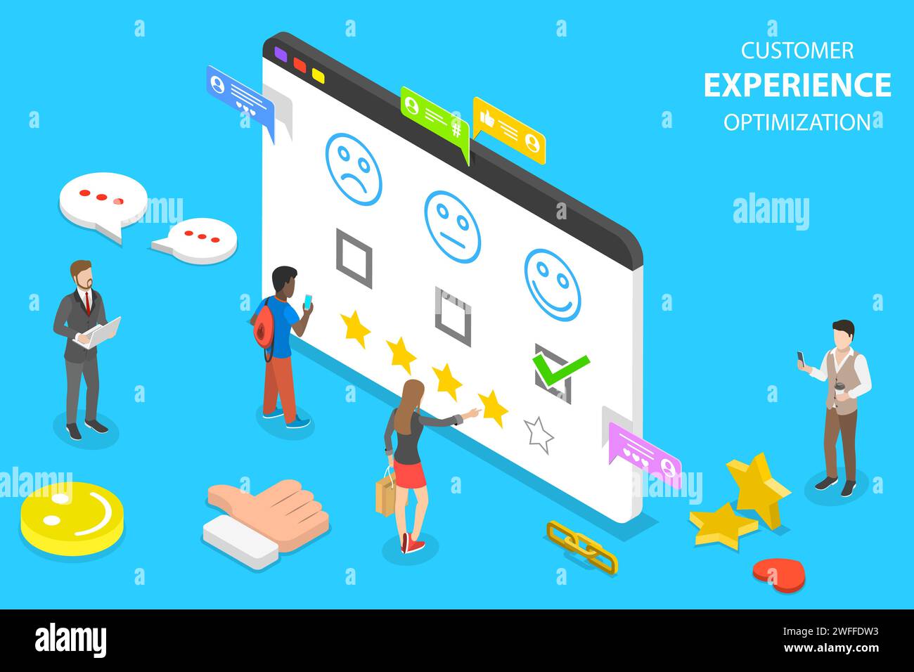 Isometric flat vector concept of customer experience optimization, crm, relationship management ...