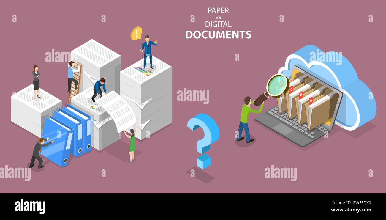 3D Isometric Flat Vector Conceptual Illustration of Paper VS Digital ...