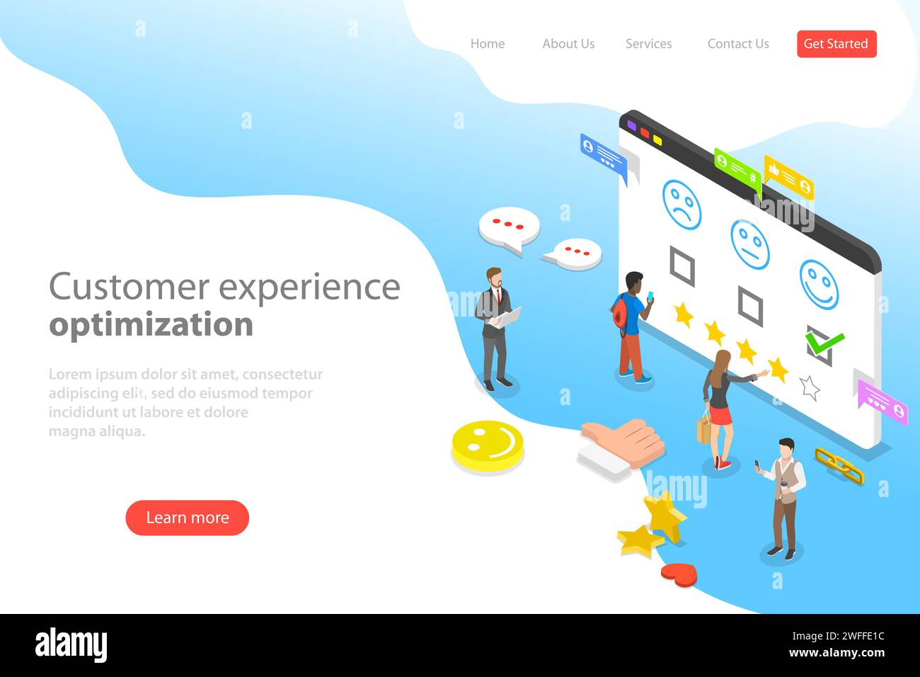 Isometric flat vector landing page template of customer experience optimization, crm ...