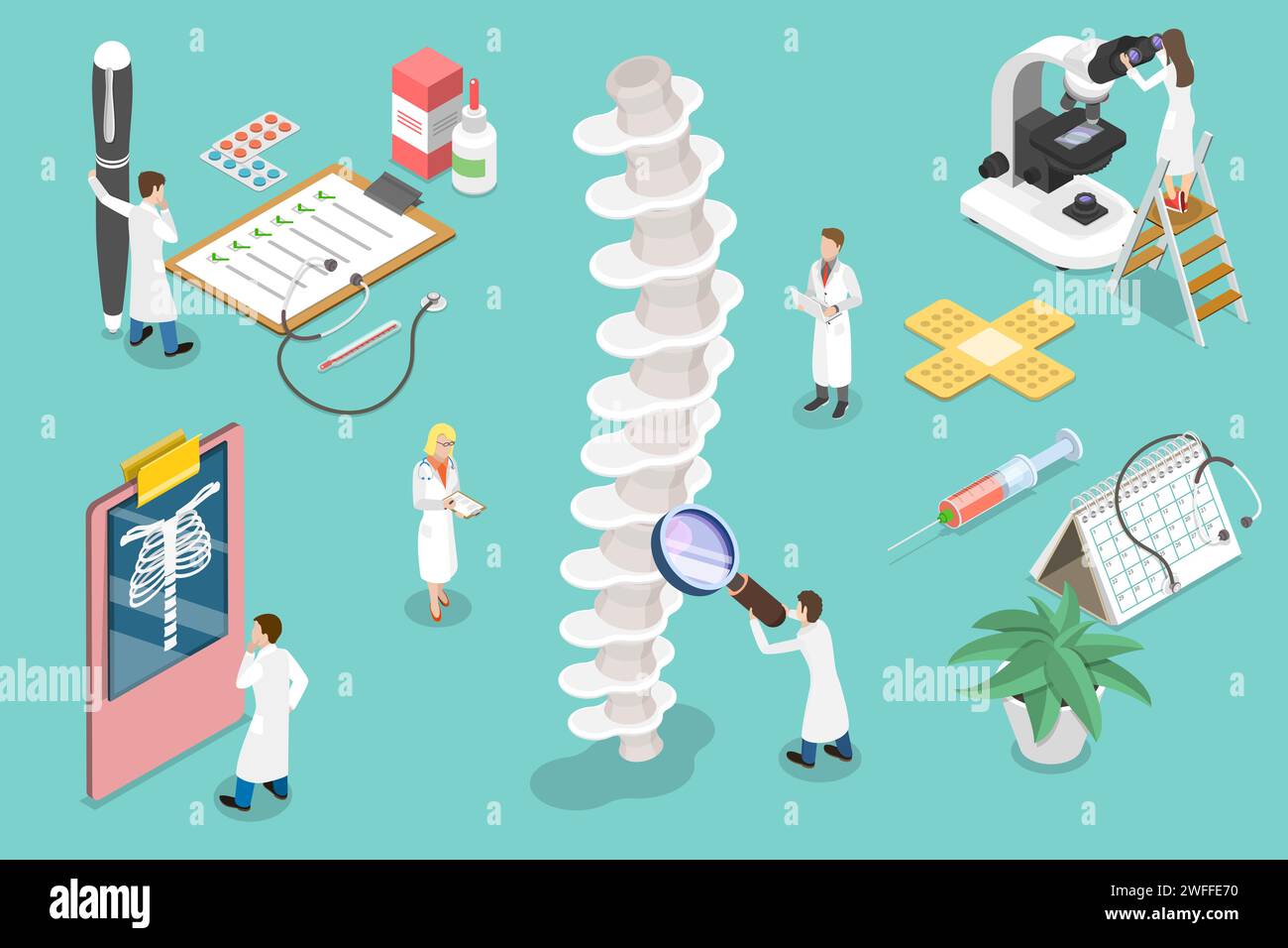 3D Isometric Flat Vector Conceptual Illustration of Diagnostics and Treatment of Spinal ...