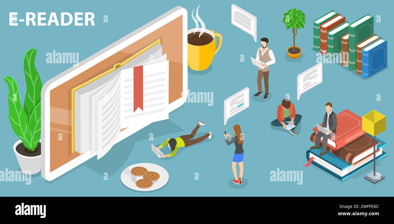 3D Isometric Flat Vector Conceptual Illustration of Digital Reader ...