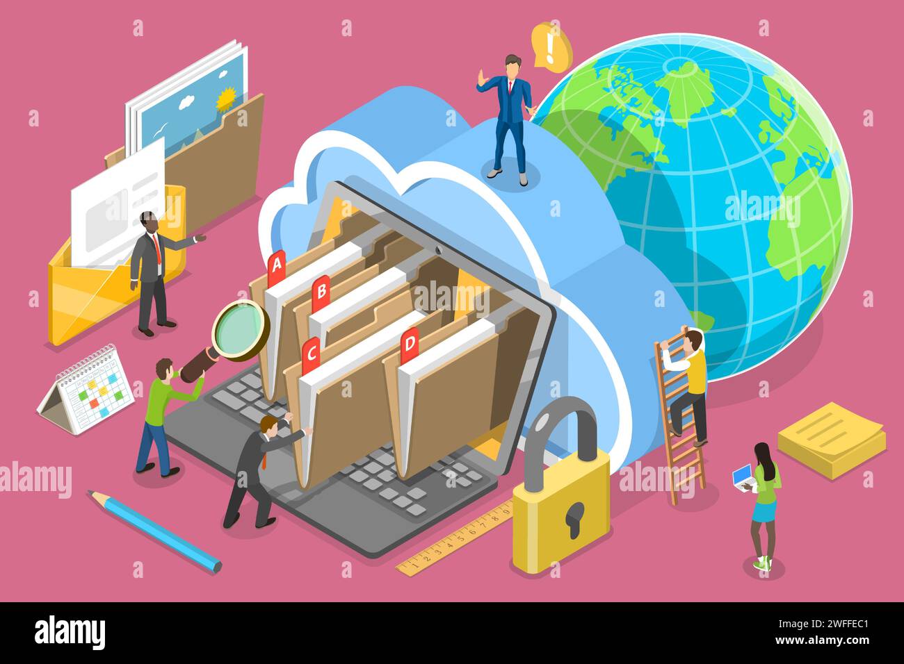 3D Isometric Flat Vector Conceptual Illustration of Document Management System, Searching Files ...