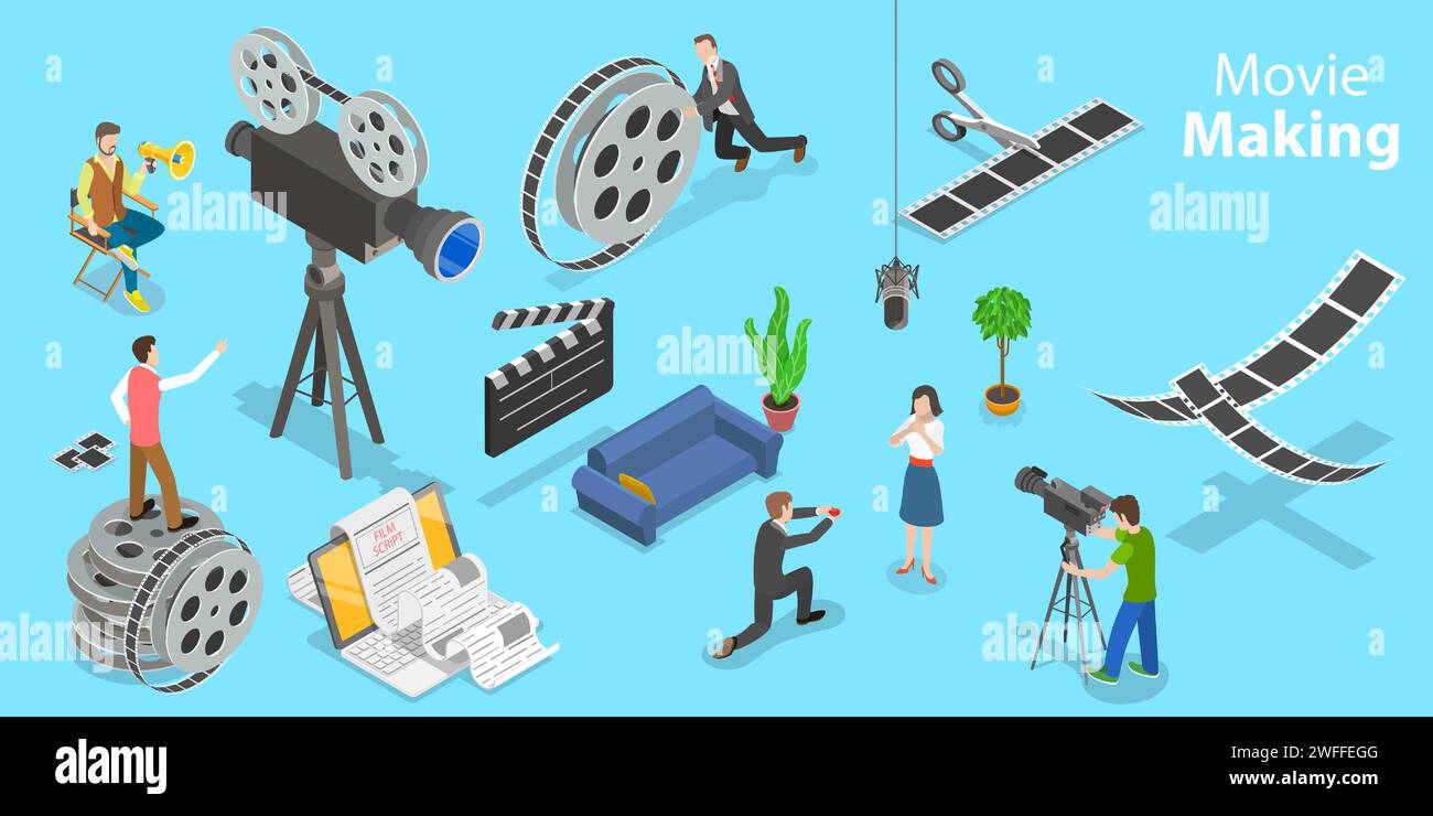 3D Isometric Flat Vector Conceptual Illustration of Movie Making Process Stock Vector Image ...