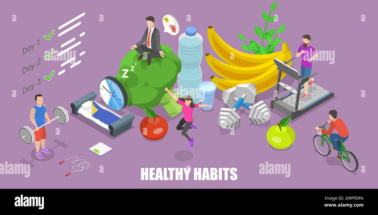 3D Isometric Flat Vector Conceptual Illustration of Healthy Habits, Exercising, Cycling, Running ...