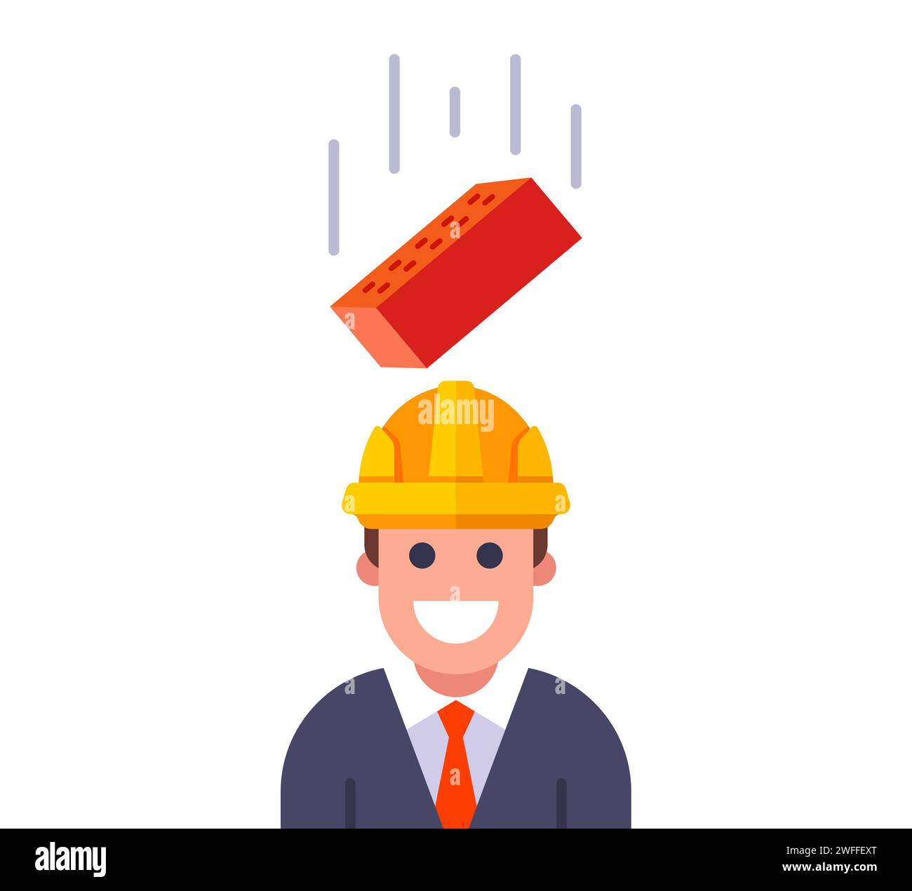 a brick falls on the head of a man in a helmet. flat vector ...