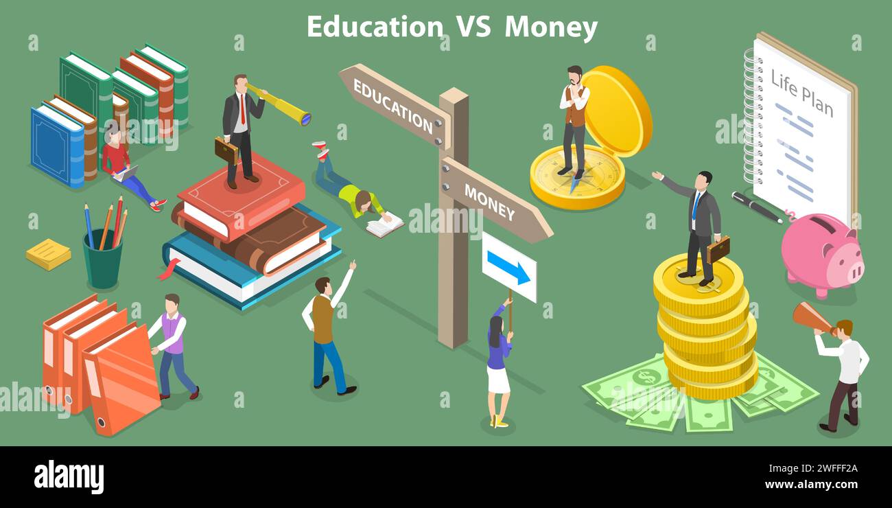 3D Isometric Flat Vector Conceptual Illustration of Education VS Money ...