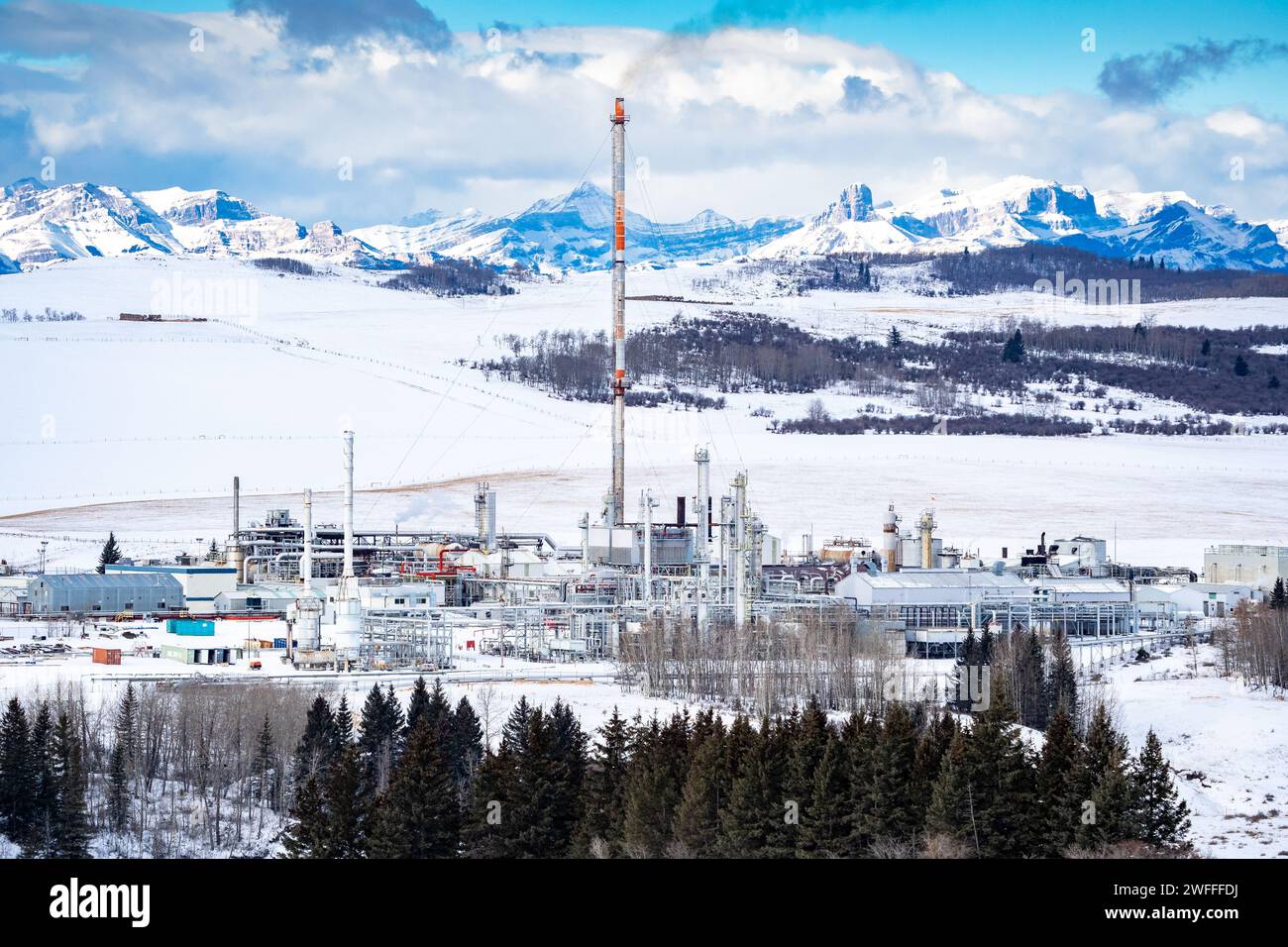 Rocky View County Alberta Canada, January 24 2024: Gas plant with tall ...