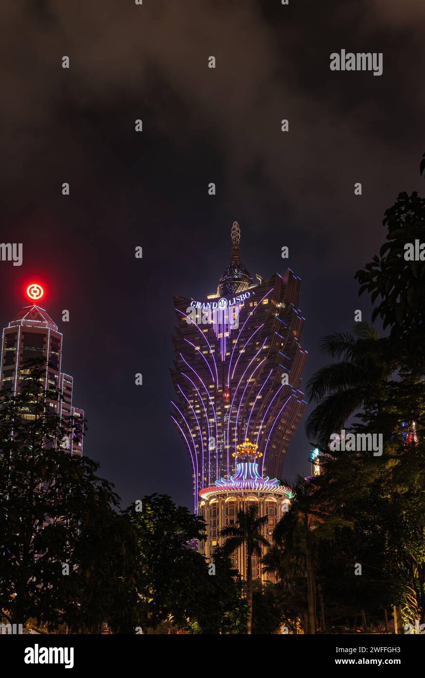 Macau China. Macau night city landscapes buildings, neons, architecture ...