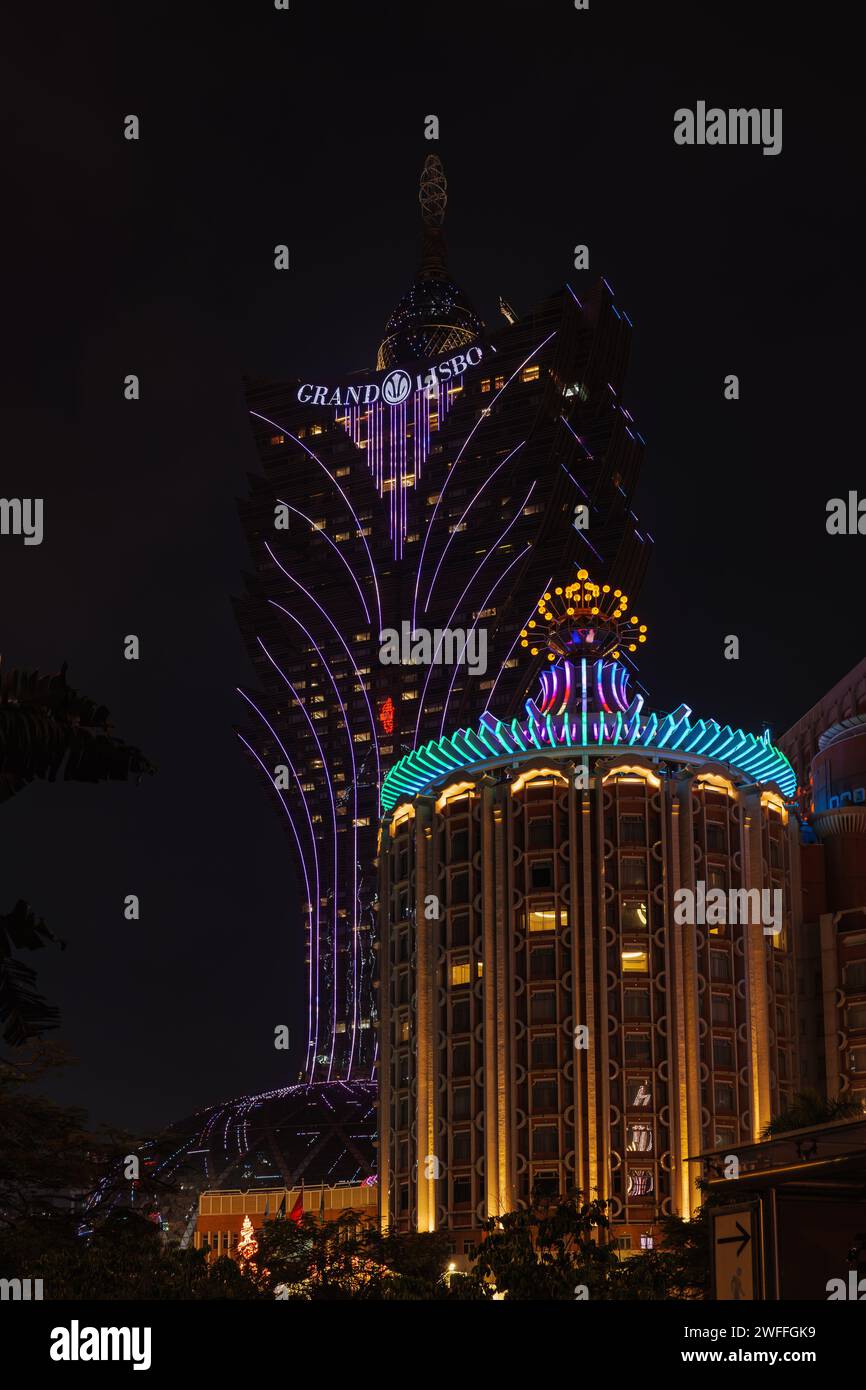 Macau China. Macau night city landscapes buildings, neons, architecture ...