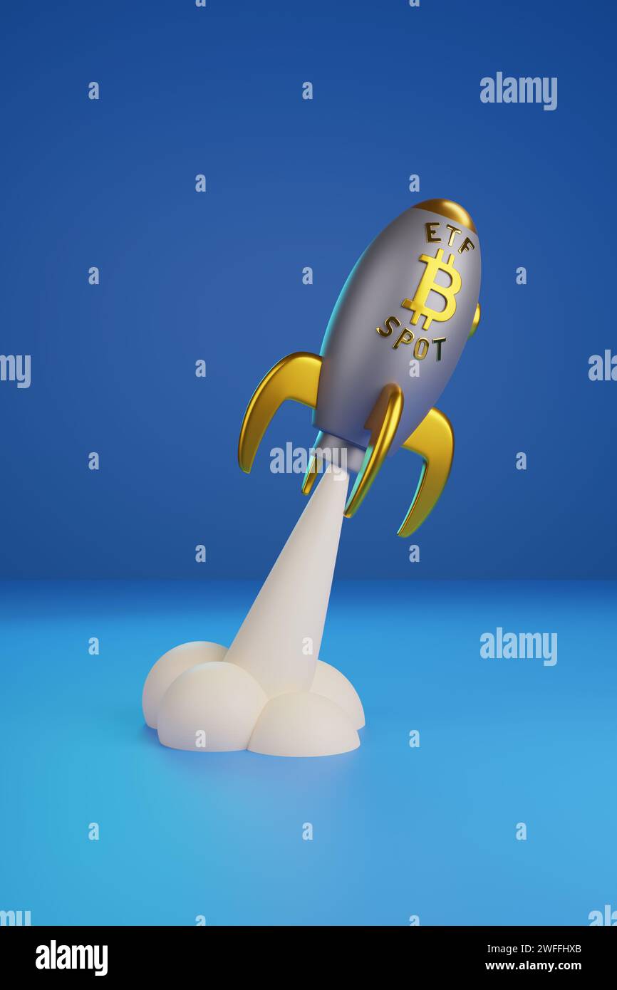 Cartoon space aircraft with Bitcoin ETF Spot sign taking off. 3d ...