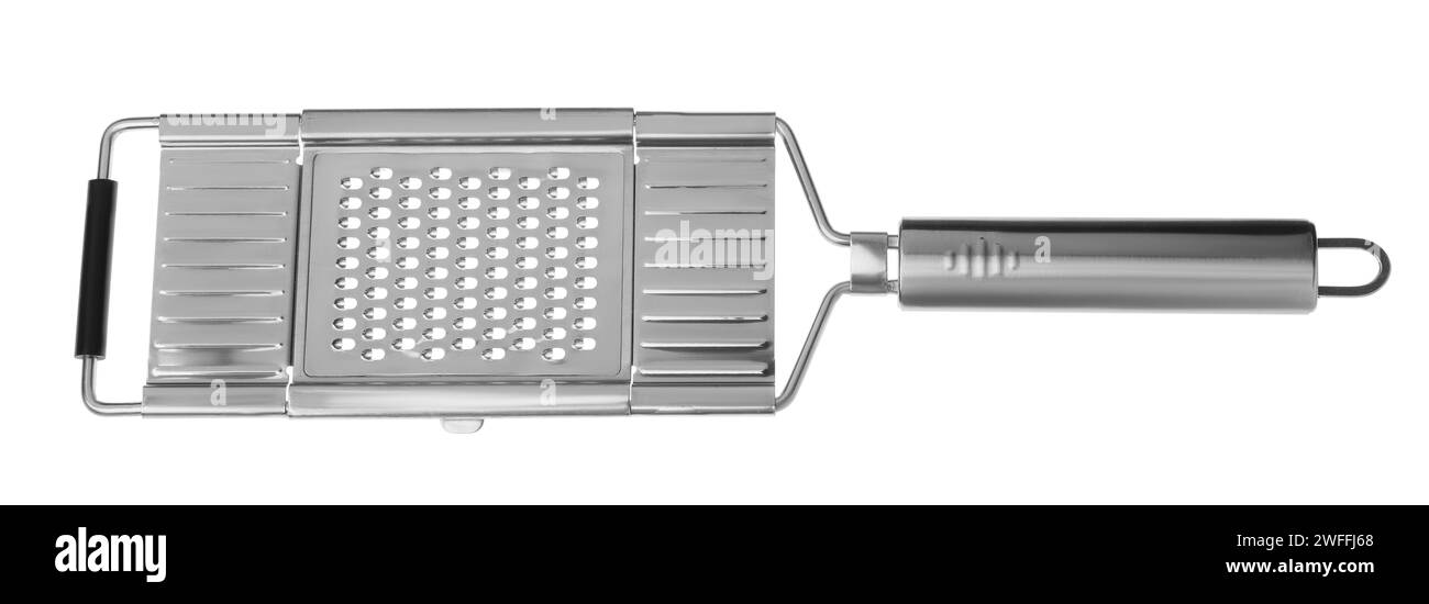 One metal grater for cheese isolated on white, top view Stock Photo - Alamy